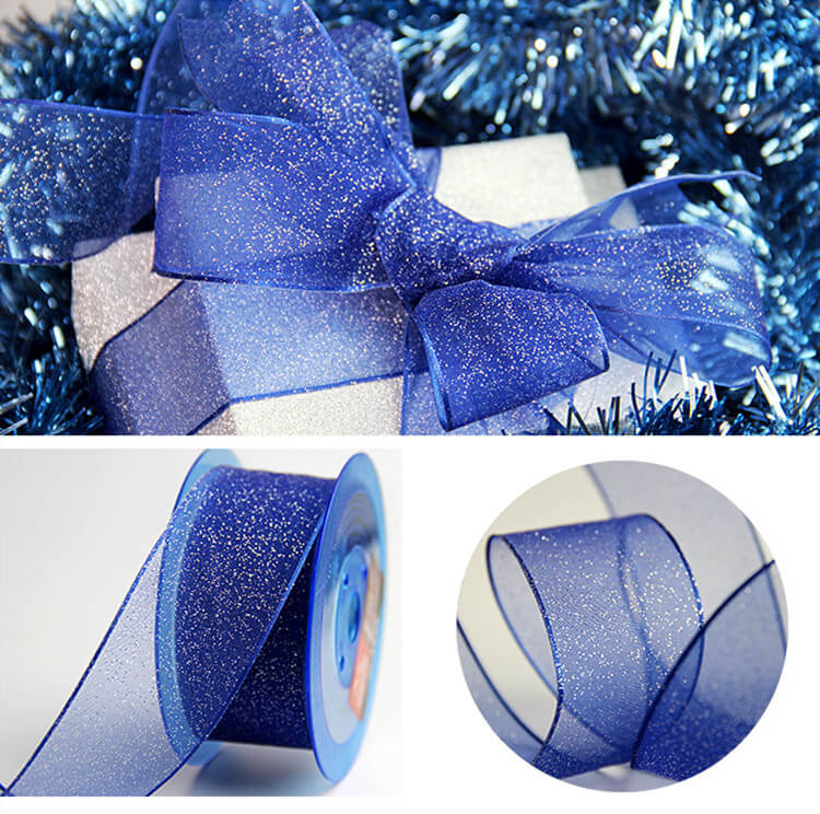 40mm Blue Christmas Wired Ribbon, Organza Ribbon With Glitter ...